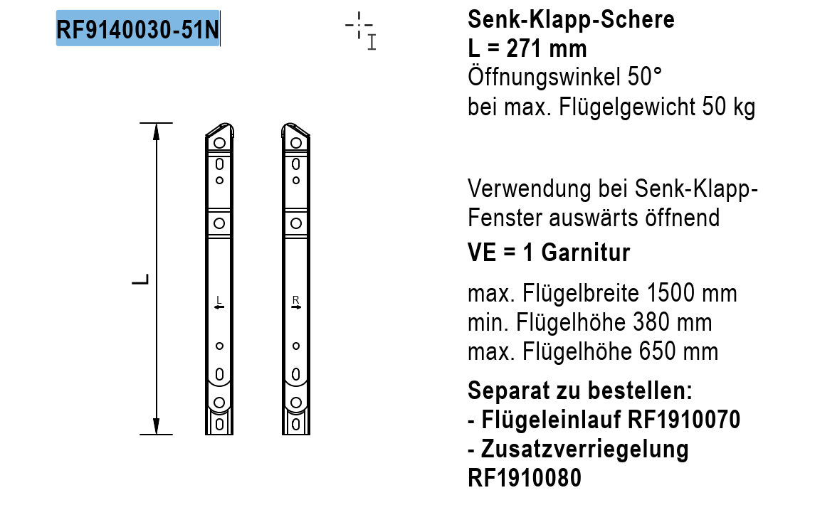 Jansen rp fineline 70W, Senk-Klapp-Schere L = 271 mm Öffnungswinkel 50 ...