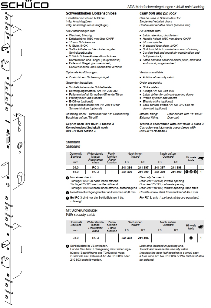 Schüco ADS Mehrfachverriegelungen, Schwenkhaken-Bolzenschloss, RC3 ...